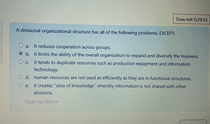 Solved Time left 0:29:15A divisional organizational | Chegg.com