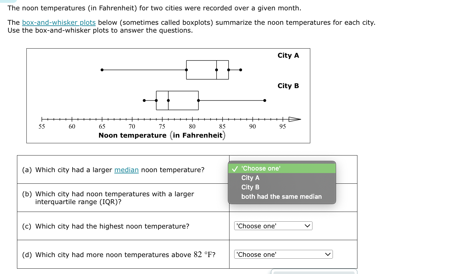 Solved The noon temperatures (in Fahrenheit) ﻿for two cities | Chegg.com