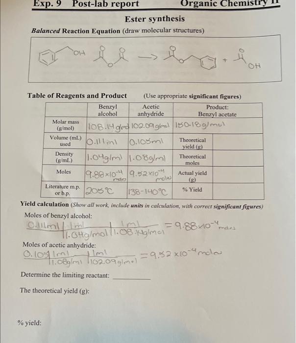 Exp. 9 Post-lab report Ester synthesis Balanced | Chegg.com
