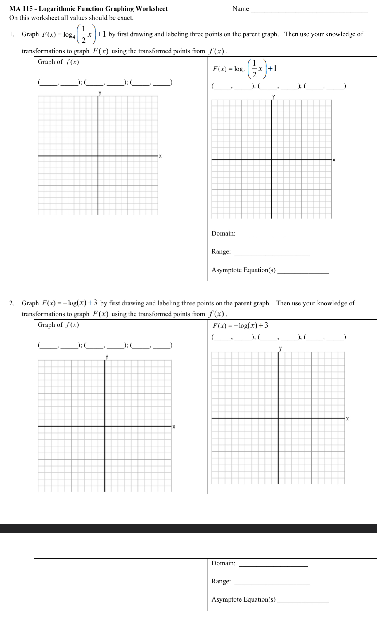 Solved MA 115 - ﻿Logarithmic Function Graphing | Chegg.com