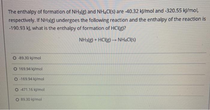 Solved The enthalpy of formation of NH3(g) and NH4Cl(s) are | Chegg.com