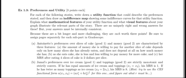 Solved Ex 1.3: Preferences and Utility [3 ﻿points cach]For | Chegg.com