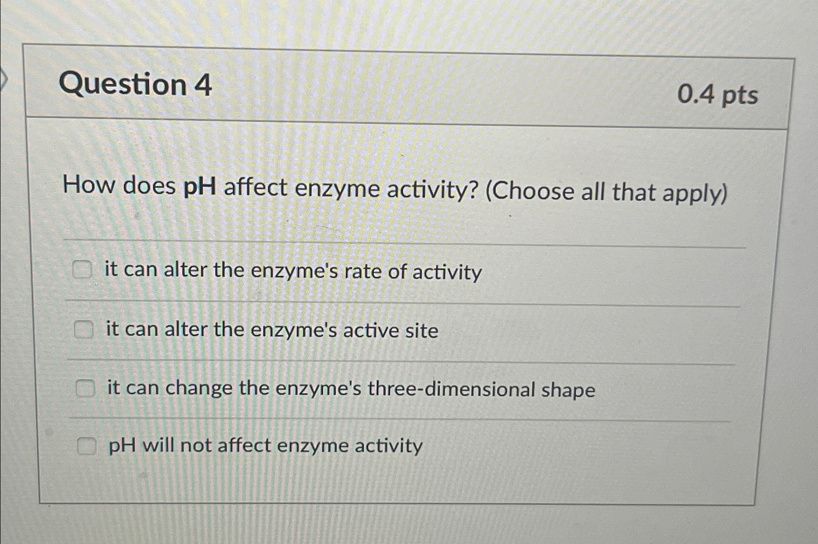 Solved Question 40.4ptsHow does pH affect enzyme activity? | Chegg.com