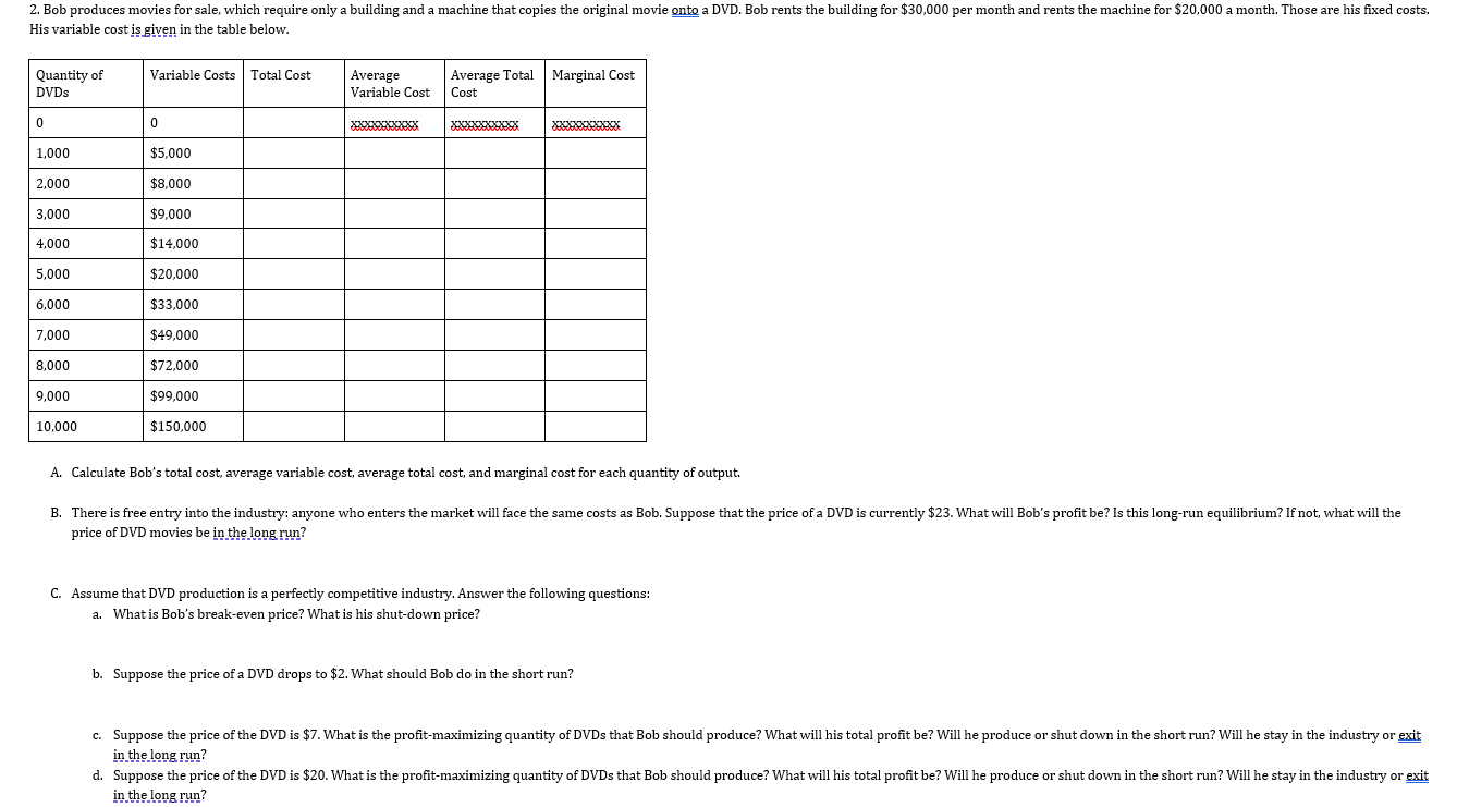 Solved Bob produces movies for sale, which require only a | Chegg.com