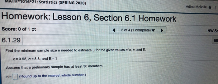 Solved MATH*1016 21: Statistics (SPRING 2020) Adina Melville | Chegg.com