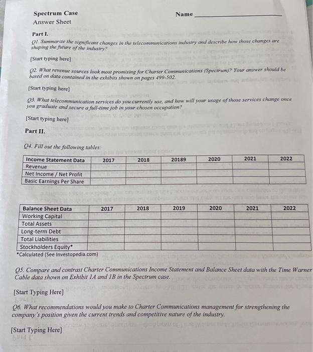 Solved Spectrum Case Name Answer Sheet Part I. Ql. Summarize | Chegg.com