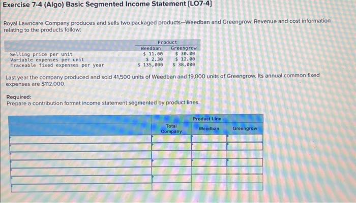 Solved Exercise 7-4 (Algo) Basic Segmented Income Statement | Chegg.com
