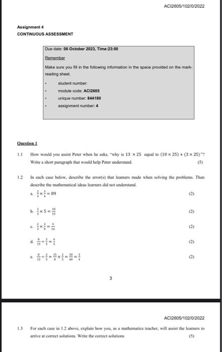 Solved Assignment 4 CONTINUOUS ASSESSMENT Question 1 1.1 1.2 | Chegg.com
