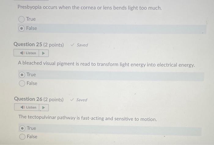 Solved Presbyopia occurs when the cornea or lens bends light | Chegg.com