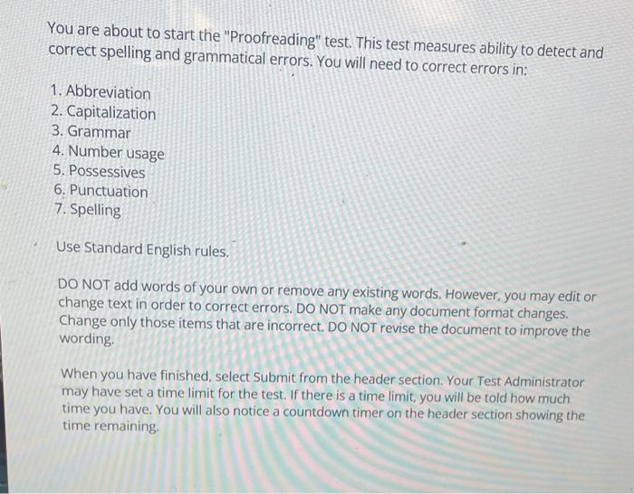You are about to start the "Proofreading" test. This | Chegg.com