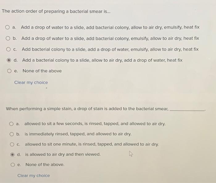 Solved The action order of preparing a bacterial smear is... | Chegg.com
