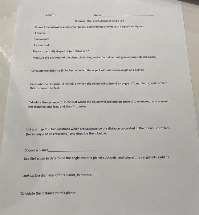 Solved Astv01l Distance Size And Subtended Angle Lab