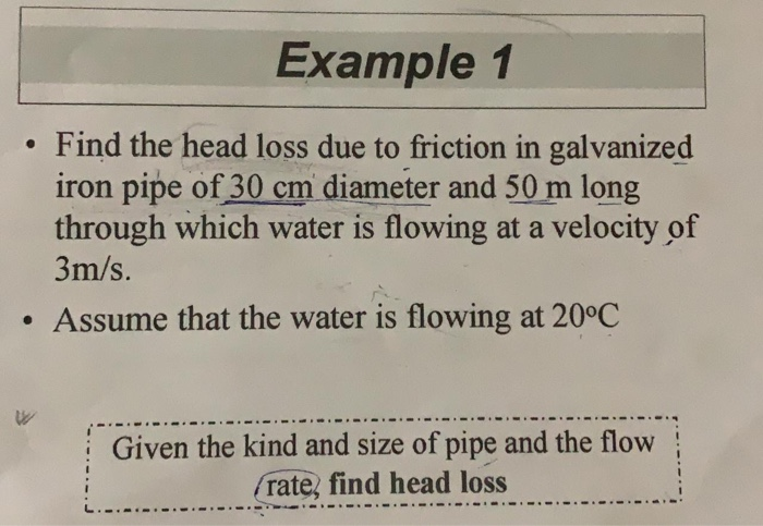 Solved Example 1 Find the head loss due to friction in | Chegg.com
