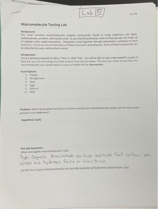 Solved What's Due When - BIO130 INTO Macromolecule Testing | Chegg.com