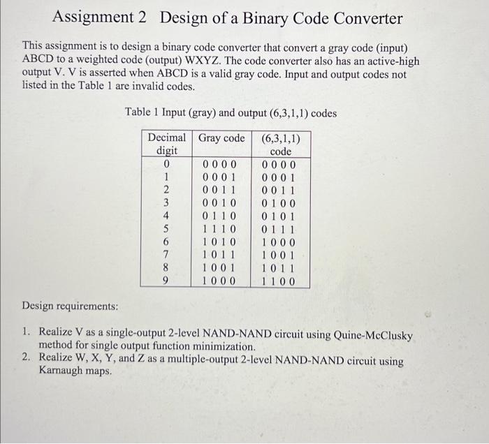 Solved Assignment 2 Design of a Binary Code Converter This | Chegg.com