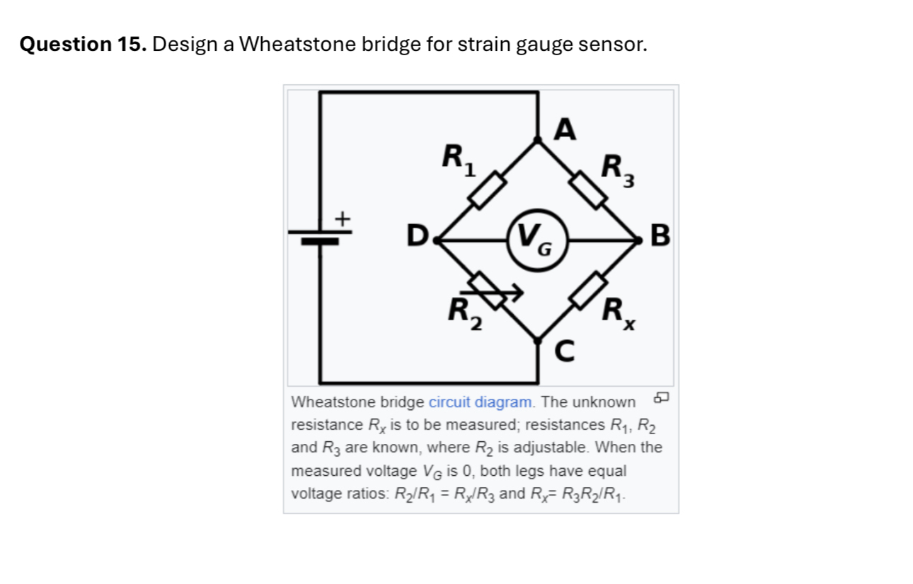 Solved Question 15. ﻿Design a Wheatstone bridge for strain | Chegg.com