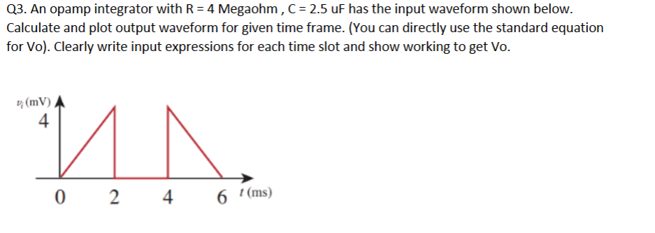 Solved Q3. ﻿An opamp integrator with \( ﻿R=4 \) ﻿Megaohm , | Chegg.com