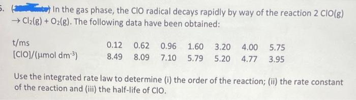 Solved In the gas phase, the ClO radical decays rapidly by | Chegg.com