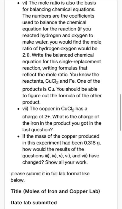 Solved Moles of Iron and Copper Data and questions This | Chegg.com