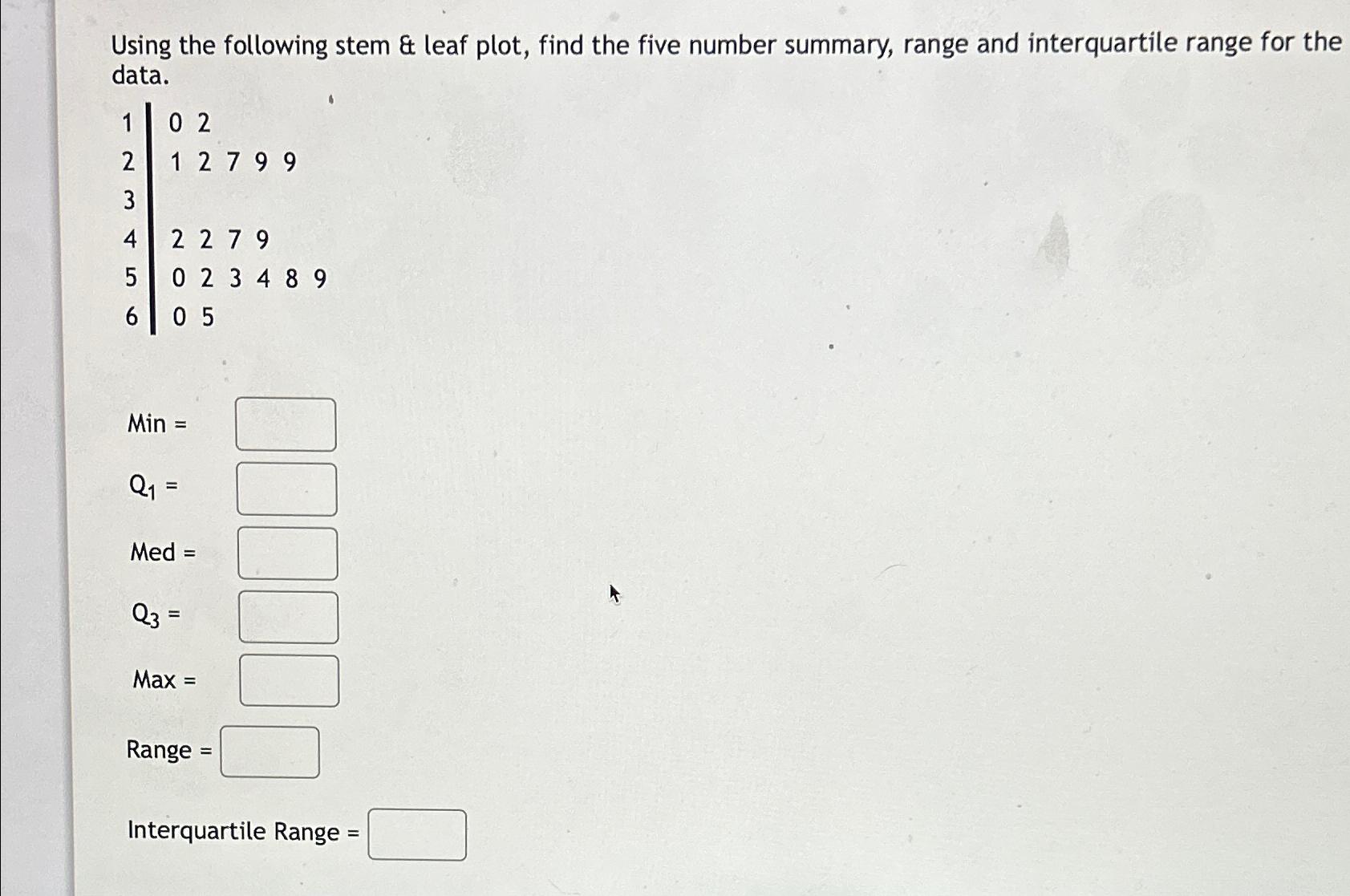 Solved Using the following stem & leaf plot, find the five | Chegg.com