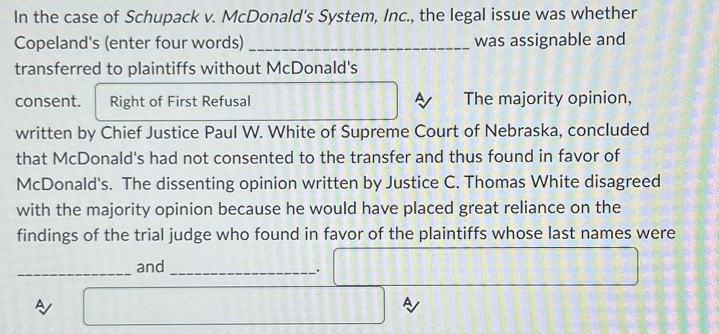 Solved In the case of Schupack v. ﻿McDonald's System, Inc., | Chegg.com