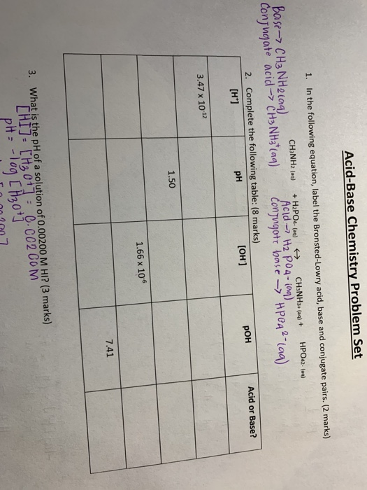 Solved Acid-Base Chemistry Problem Set 1. In the following | Chegg.com