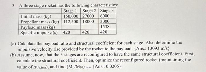 [Solved]: 3. A three-stage rocket has the following charact