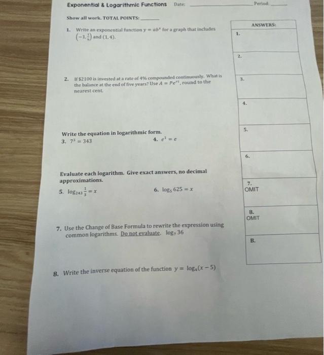 Solved 1. Write an exponential function y=abx for a graph | Chegg.com