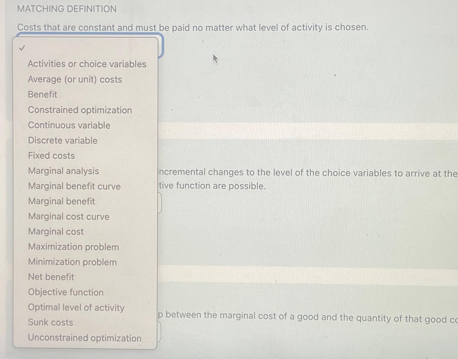 Solved MATCHING DEFINITIONCosts that are constant and must | Chegg.com