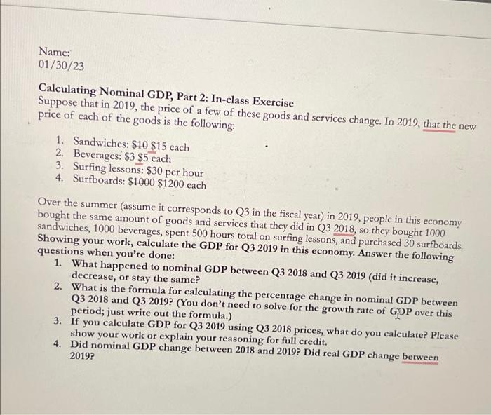 Solved 01/30/23 Calculating Nominal GDP, Part 2: In-class | Chegg.com