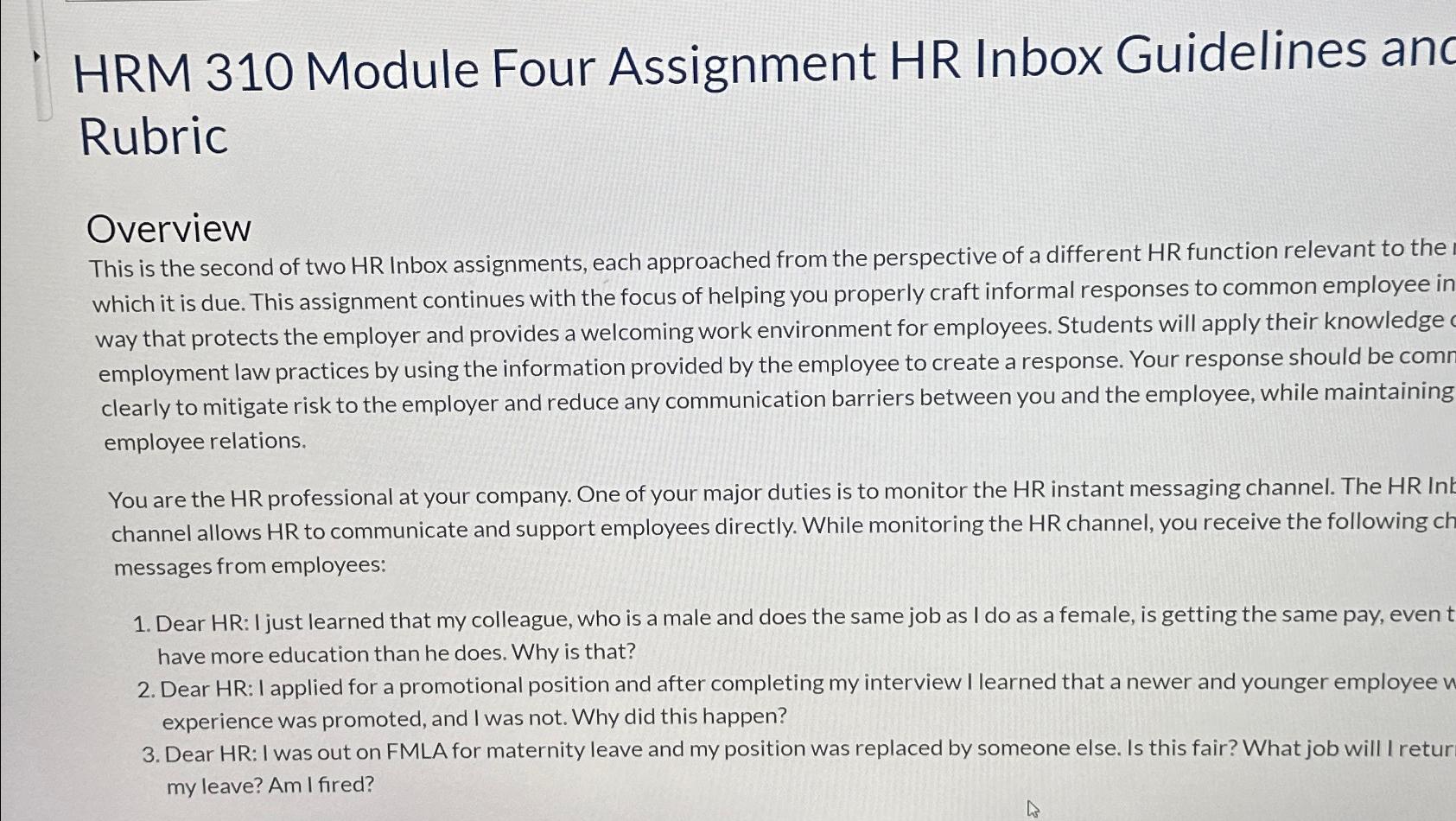 Solved HRM 310 ﻿Module Four Assignment HR Inbox Guidelines | Chegg.com