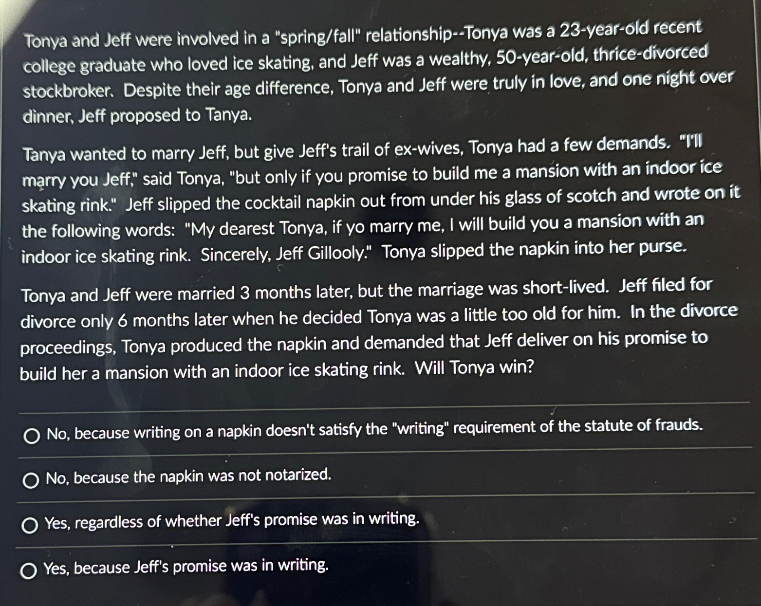 Solved Tonya and Jeff were involved in a "spring/fall" | Chegg.com