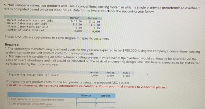 Solved Kunkel Company makes two products and uses a | Chegg.com