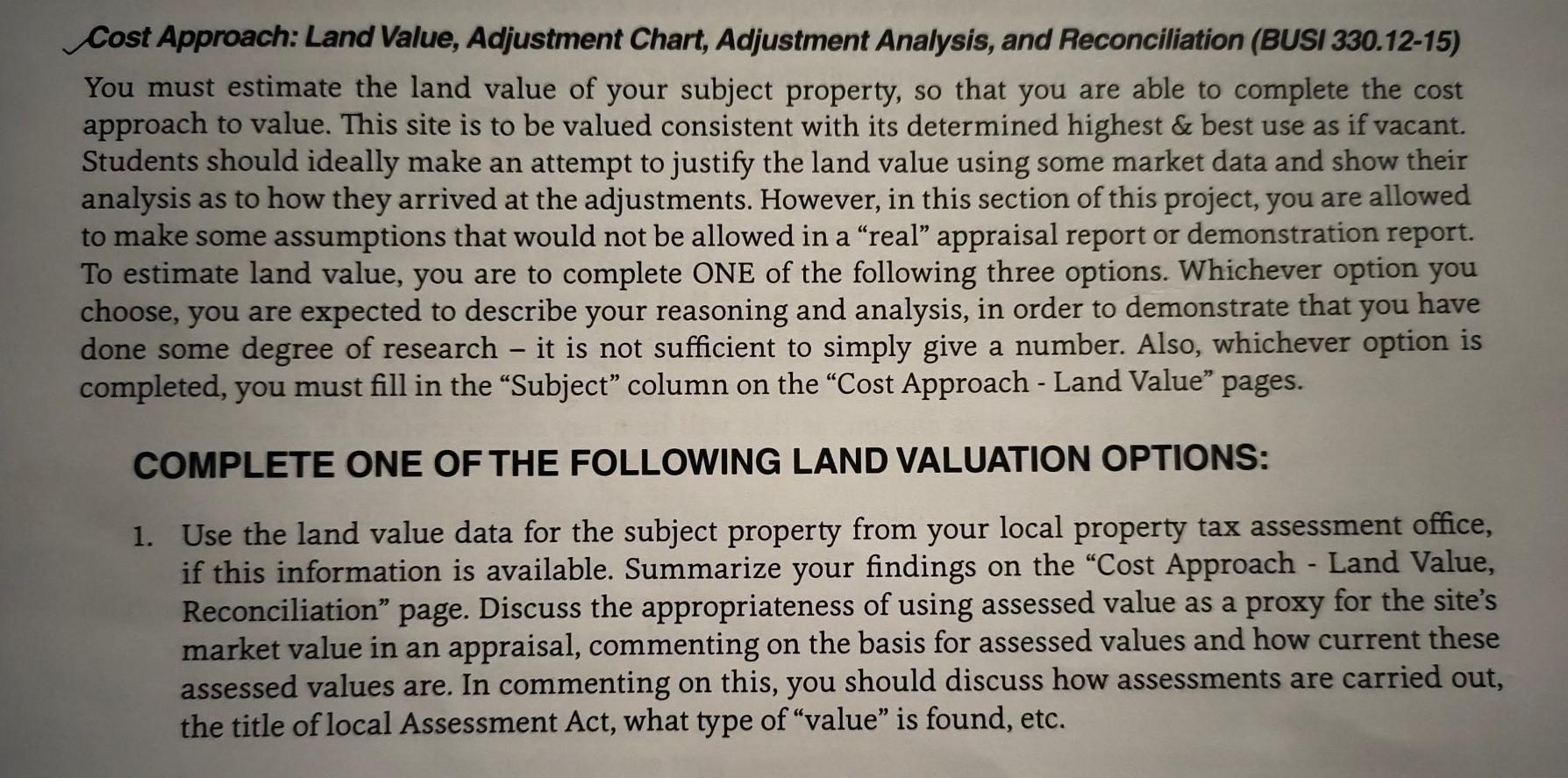 Cost Approach: Land Value, Adjustment Chart, | Chegg.com