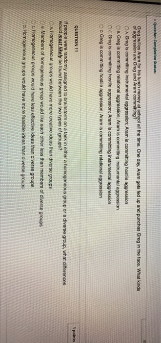 Solved Question Completion Status: Greg bullies Aram for his | Chegg.com