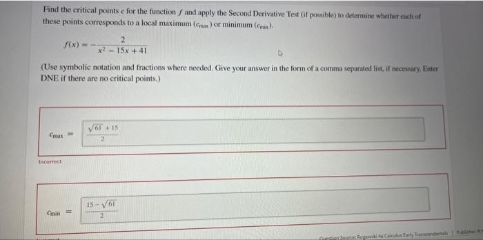 Solved Find the critical points e for the function f and | Chegg.com