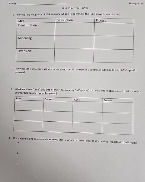 Solved Namesq,Biology I LabUnit 10 ﻿Actwity = ﻿GMOFor the | Chegg.com