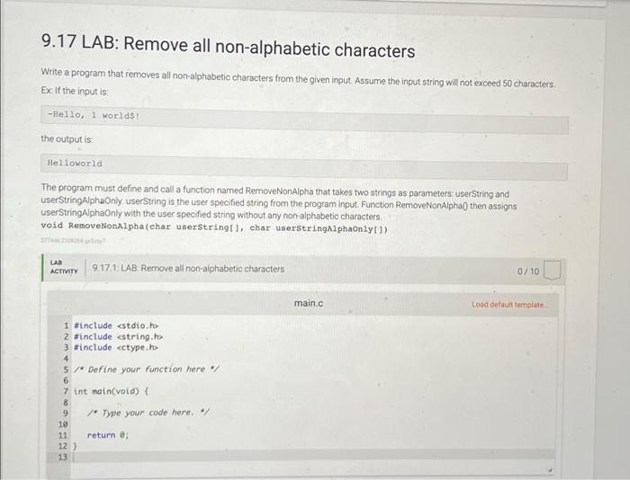 Solved 9 17 LAB Remove All Non alphabetic Characters Write Chegg