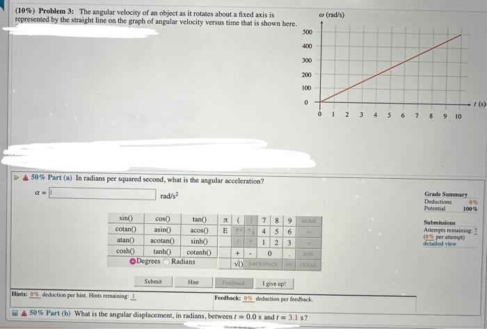Solved (10%) Problem 3: The angular velocity of an object as | Chegg.com