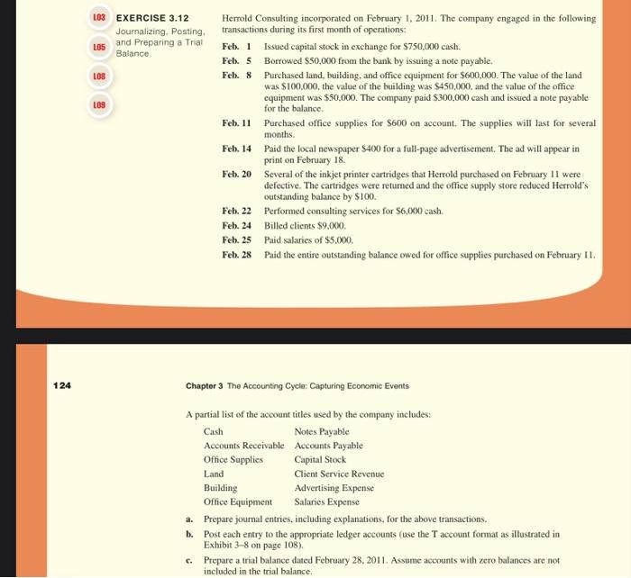 Solved EXERCISE 3.12 Journalizing. Posting, and Preparing a | Chegg.com