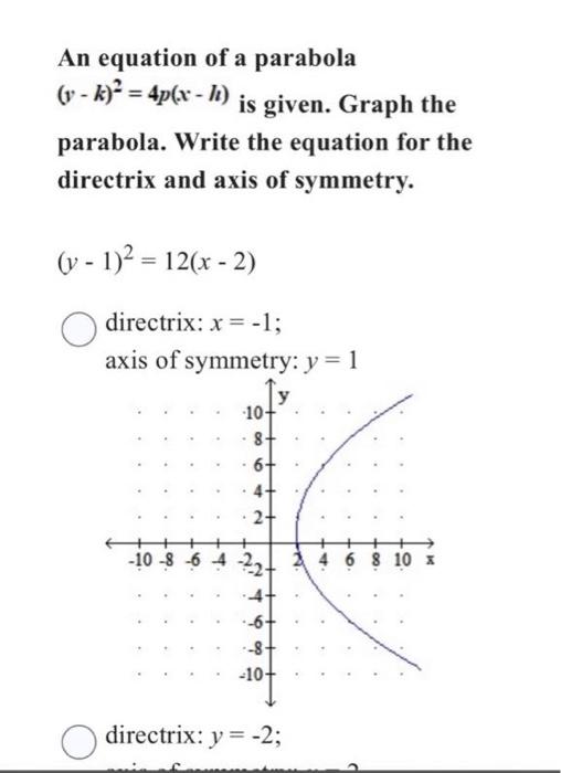 Solved An equation of a parabola (y−k)2=4p(x−h) is given. | Chegg.com