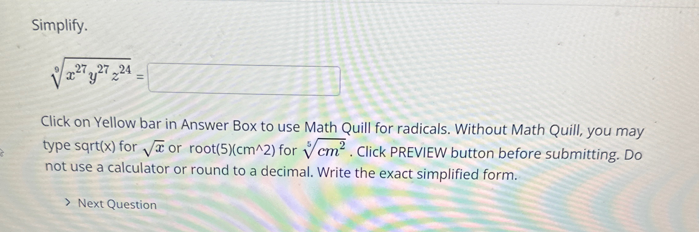 Solved Simplify.x27y27z249=Click on Yellow bar in Answer Box | Chegg.com