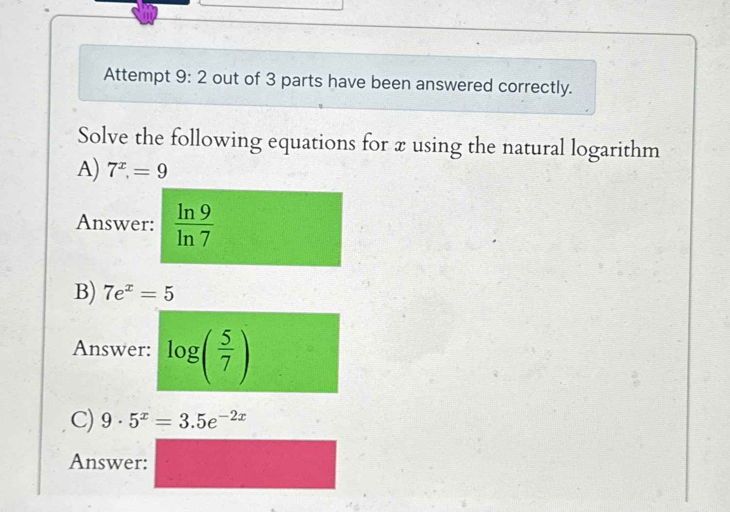 Solved Attempt 9: 2 ﻿out of 3 ﻿parts have been answered | Chegg.com