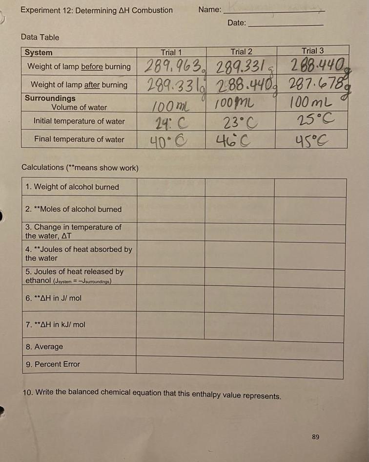 Solved Experiment 12: Determining ΔH Combustion Name: Date: | Chegg.com