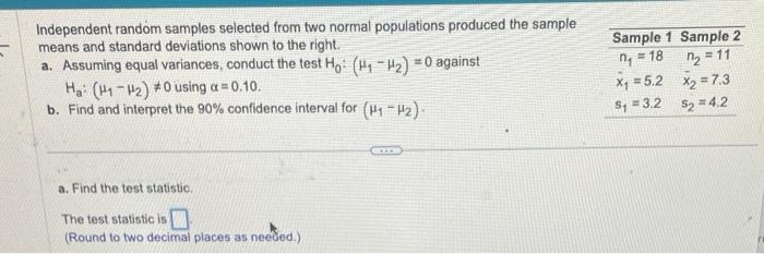 Solved Independent random samples selected from two normal | Chegg.com