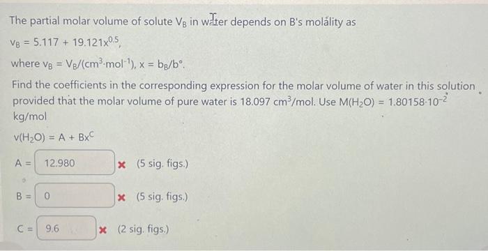 Solved The partial molar volume of solute VB in weter | Chegg.com