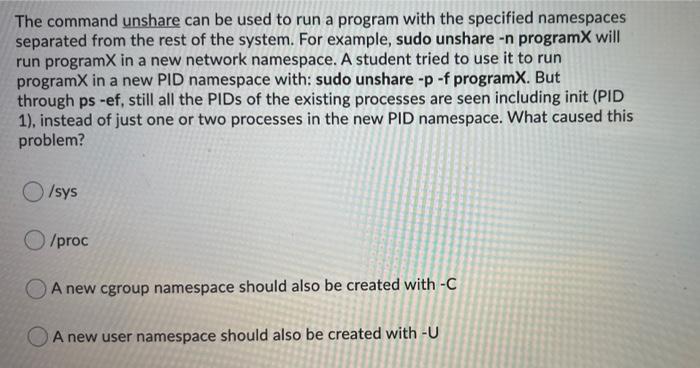 Solved The command unshare can be used to run a program with | Chegg.com