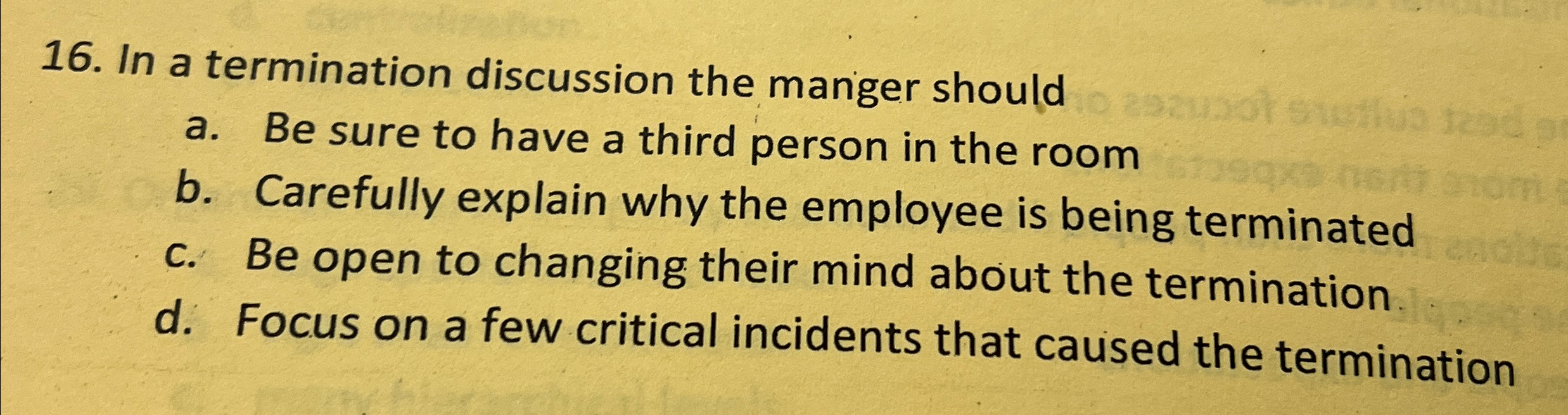 Solved In a termination discussion the manger shoulda. ﻿Be | Chegg.com