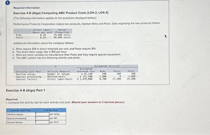 Solved Exercise 4-8 (Algo) Computing ABC Product Costs | Chegg.com