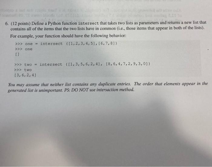Solved 6 12 Points Define A Python Function Intersect